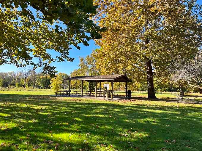 Golden autumn leaves frame a peaceful picnic shelter, the kind of spot where families have gathered for generations of memories.
