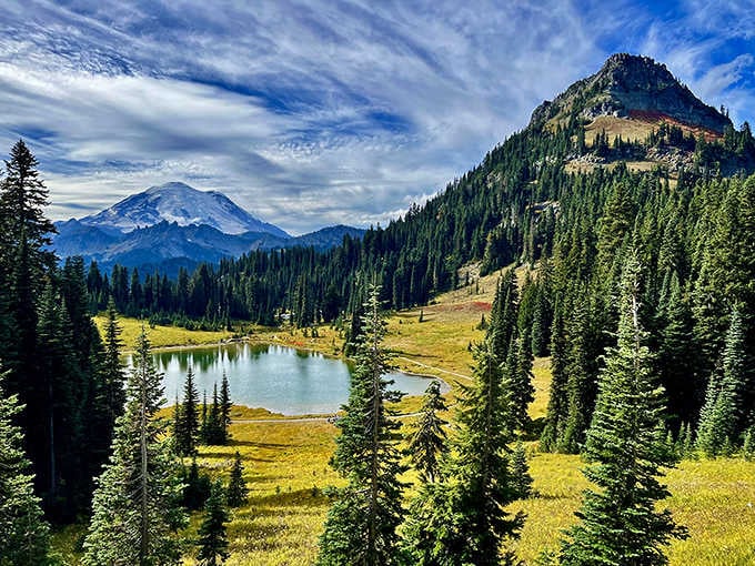 Mirror-still alpine lakes reflect Mount Rainier's majesty while evergreens frame the scene like a postcard painting.