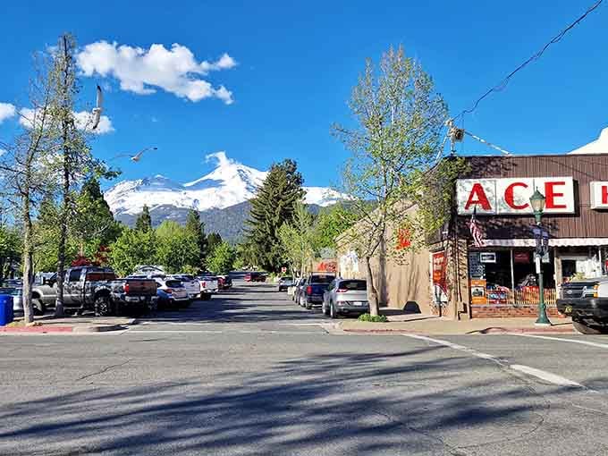That vintage ACE Hardware sign frames the majestic volcano proving small-town charm never goes out of style here.