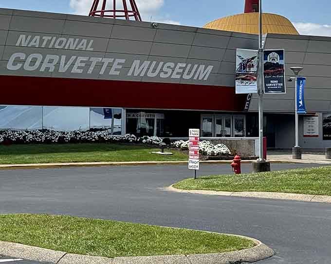 The golden dome and bold red accents make this temple to horsepower impossible to miss from the highway.