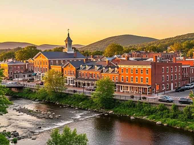 Golden hour transforms this riverside town into a Norman Rockwell painting come to life, steeples and all.