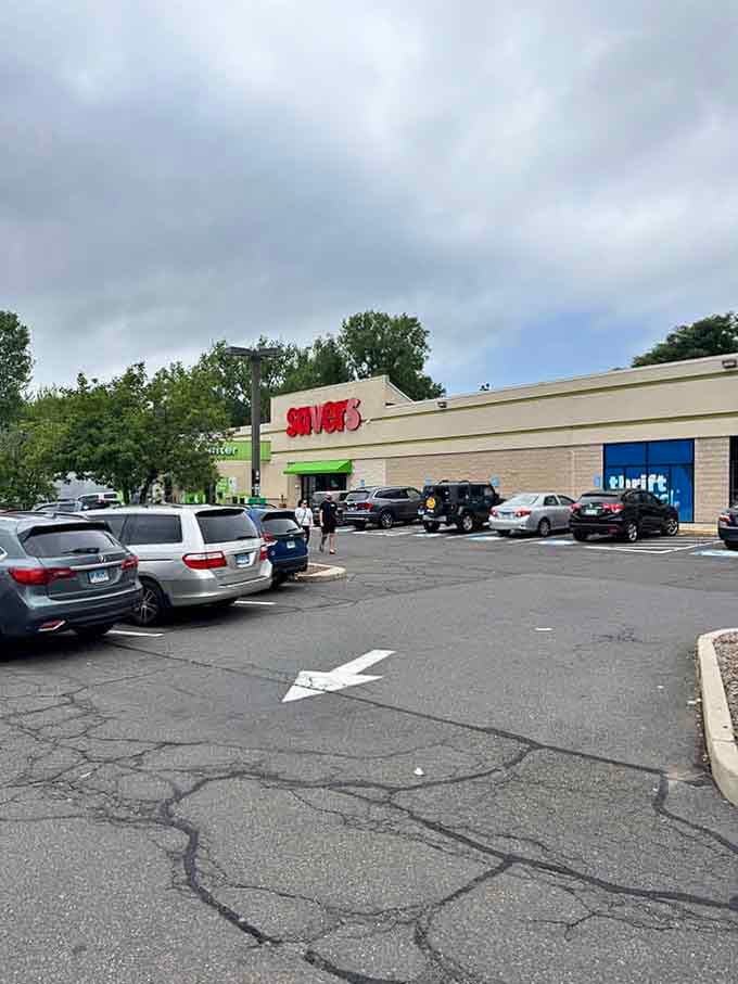 The busy parking lot on a cloudy day proves that weather never stops dedicated bargain hunters from their mission.