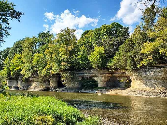 The Mississinewa River carved these magnificent stone sentinels, proving patience and persistence create breathtaking masterpieces.