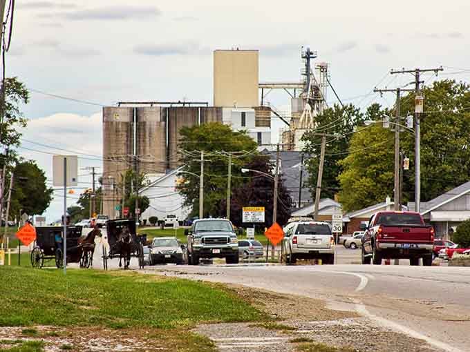 The contrast between old-world transportation and contemporary life creates a scene Norman Rockwell would've loved painting.