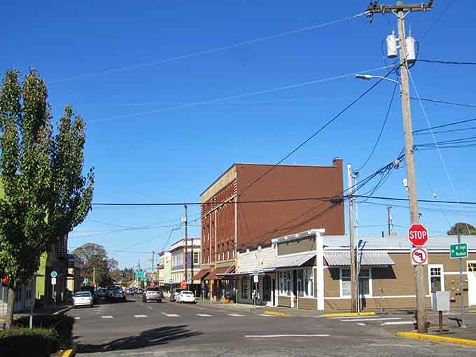 That brick corner building anchors downtown with timeless charm that modern construction just can't replicate or match.