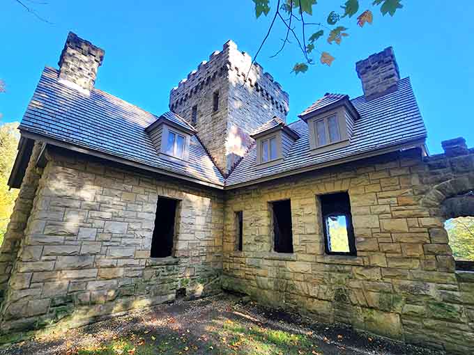 Weathered walls and empty windows give this abandoned gatehouse an atmospheric quality that photographers absolutely adore for portraits.