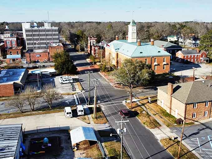 The aerial view reveals a compact downtown surrounded by green space, proving small-town living offers big value.