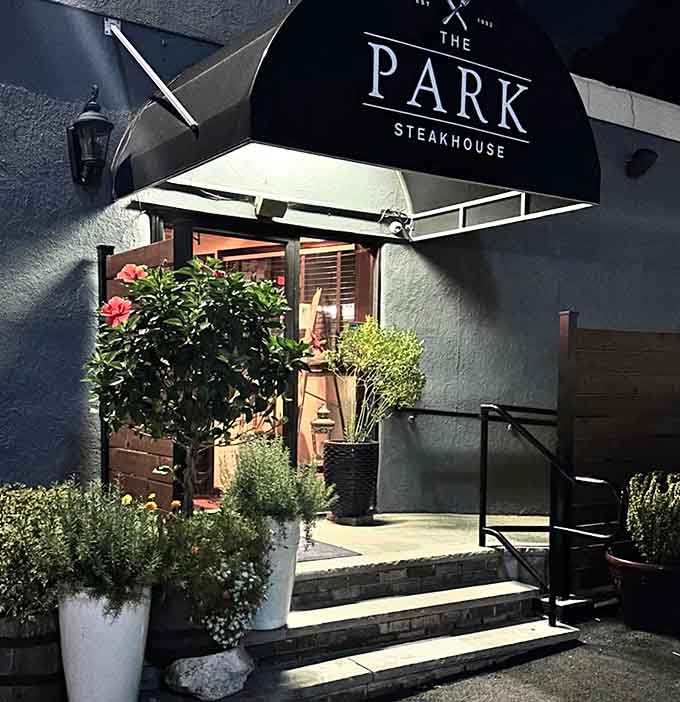 Vibrant planters frame the entrance where understated elegance meets seriously satisfying steaks and warm hospitality.