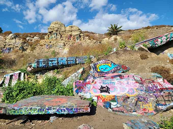 Colorful street art transforms crumbling concrete into an outdoor gallery perched above the Pacific Ocean.