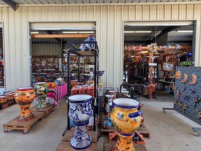 Decorative pottery in blues and oranges sits ready to transform your patio into something your HOA might actually compliment you on.