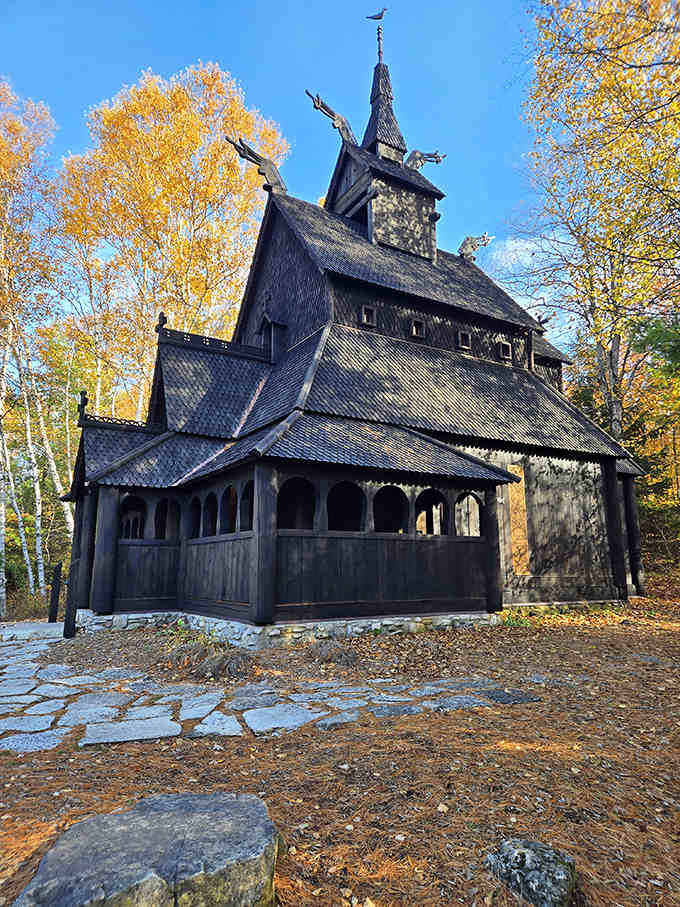 Dark timber and intricate dragon carvings transport visitors straight to medieval Norway without ever leaving American soil completely.
