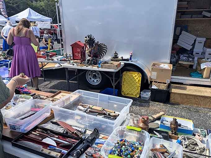 Tables overflow with eclectic finds under sunny skies, from vintage tools to quirky collectibles that spark joy and conversation.