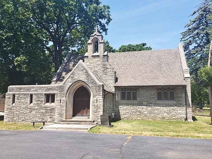 This charming Gothic chapel entrance looks peaceful in daylight, but imagine walking past it at midnight.