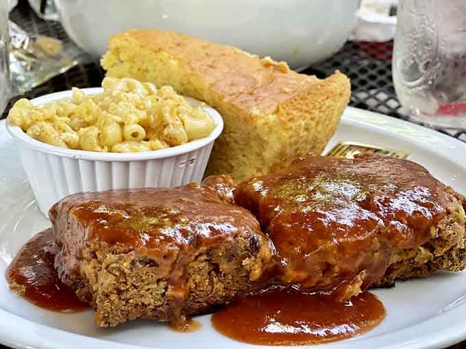 Meatloaf with cornbread and mac and cheese is comfort food that hugs you from the inside out, Southern style.