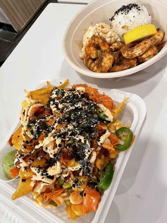 Kamikaze nachos meet garlic shrimp in a Hawaiian-fusion dream that your taste buds didn't know they needed.