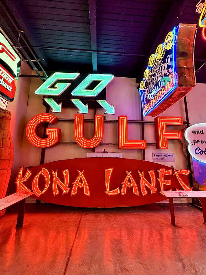 Go Gulf and Kona Lanes signs transport you to Saturday nights when bowling alleys were the social center of town.