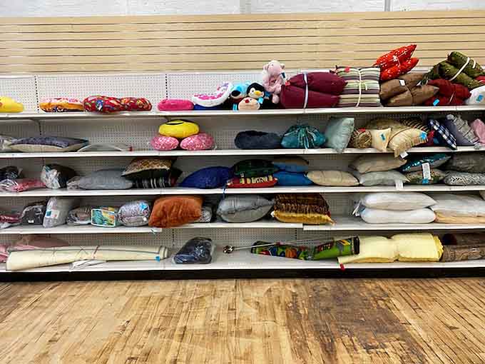 Pillows in every shade imaginable line these shelves, proving comfort doesn't have to cost a month's rent to achieve perfectly.