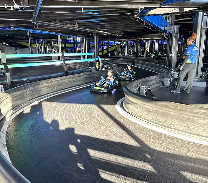 That multi-level track design makes you feel like you're racing through a futuristic movie set scene.