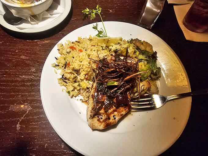 Glazed swordfish with fried onion strings on top &ndash; because sometimes fish needs a little crunch in its life.