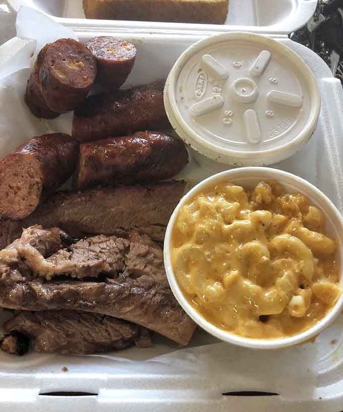 Mac and cheese, sausage, and brisket together prove that some combinations are simply meant to be forever.