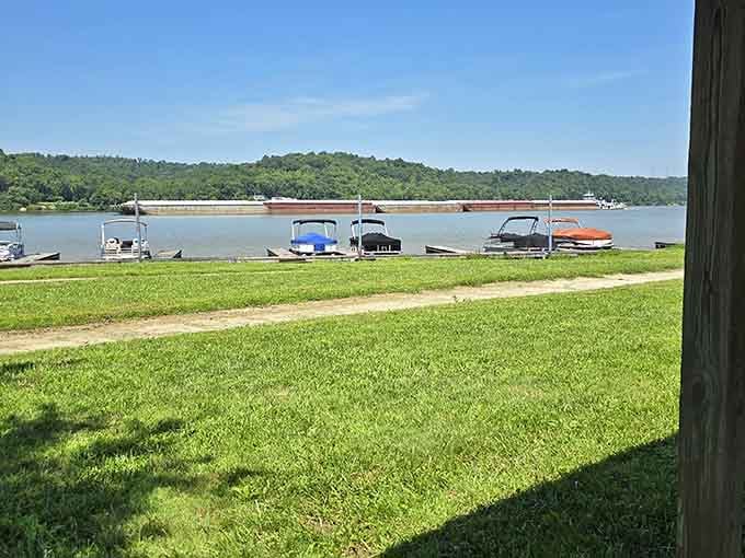 Boats lined up along the riverbank wait patiently for their next adventure on the mighty Ohio River.