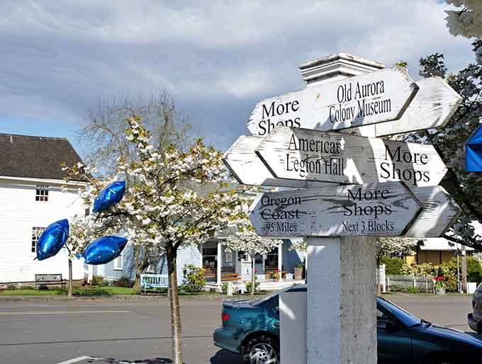 Even the signposts in Aurora point you toward more shops, because apparently one antique mall is never enough.