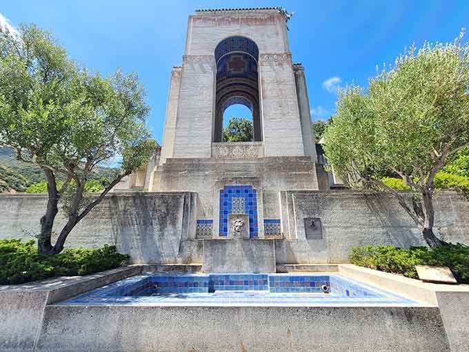 The Wrigley Memorial rises from the canyon like something ancient civilizations left behind, except with better landscaping and native plants.