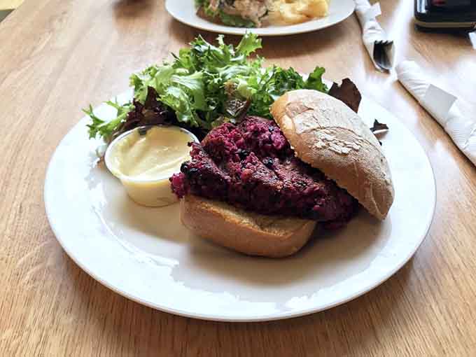 A beet burger so photogenic it could have its own social media account and probably more followers than you.
