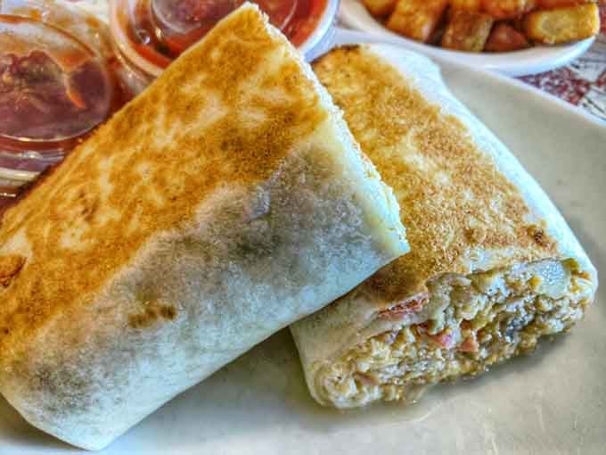 That burrito wrap is hiding enough filling to fuel your entire afternoon, grilled to golden perfection outside.