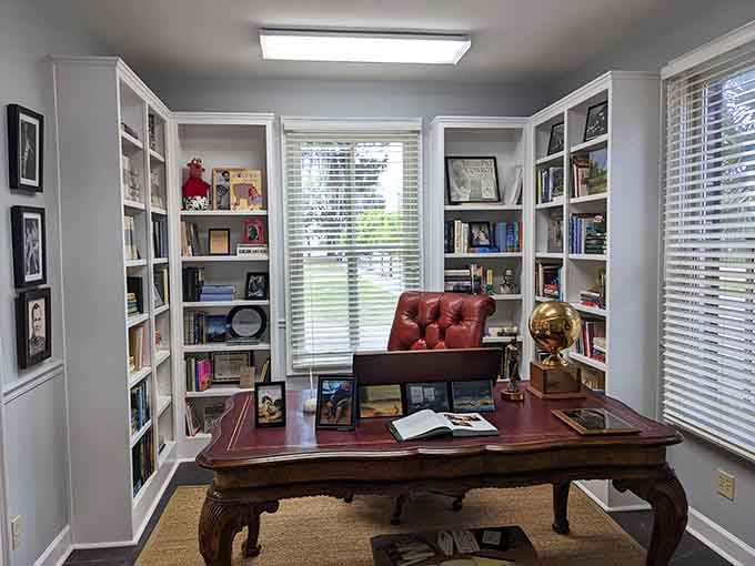 Built-in bookshelves and period furnishings show how people lived when reading rooms were actually for reading, not scrolling.
