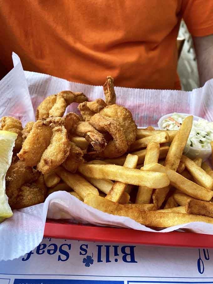 Golden fried shrimp with crispy fries make you wonder why anyone bothers with fancy white-tablecloth dining at all.
