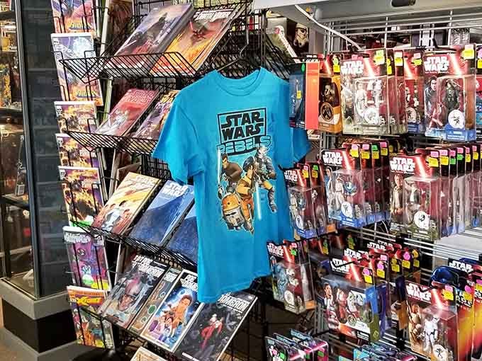 From action figures to apparel, the Star Wars selection here rivals what you'd find in much larger cities.