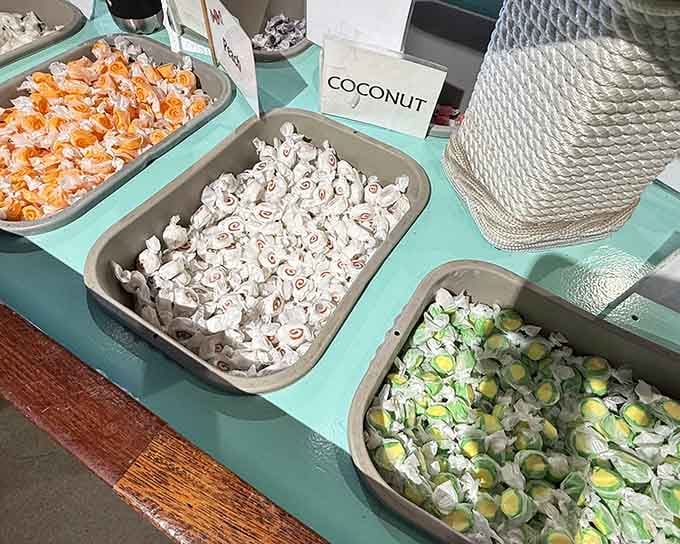 Coconut taffy waiting patiently in its bin, ready to transport you straight to a tropical state of mind.