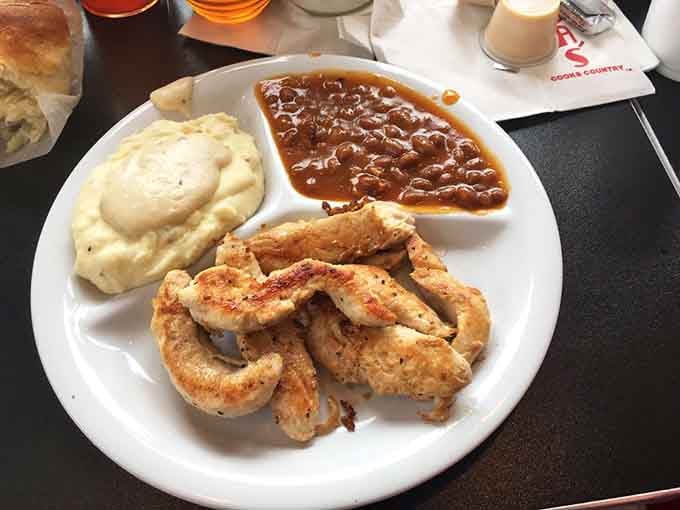 Grilled chicken strips with mashed potatoes and beans make a surprisingly lighter option that doesn't skimp on flavor.