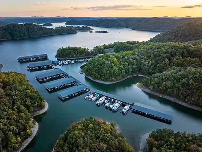 Dale Hollow Lake's marina at sunset looks like someone Photoshopped paradise, except this version actually exists in southern Kentucky.