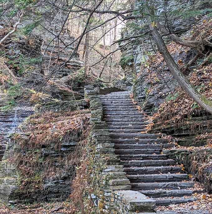 Stone steps wind through the gorge like an ancient pilgrimage route, minus the blisters from uncomfortable sandals.