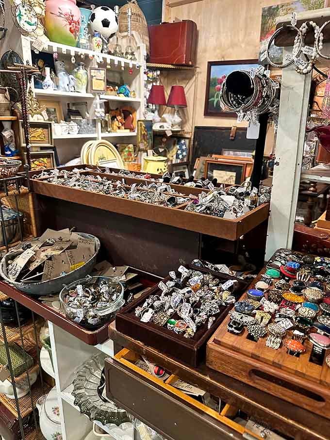 Jewelry trays overflowing with sparkle and history, where your next favorite accessory is hiding among hundreds of glittering possibilities.