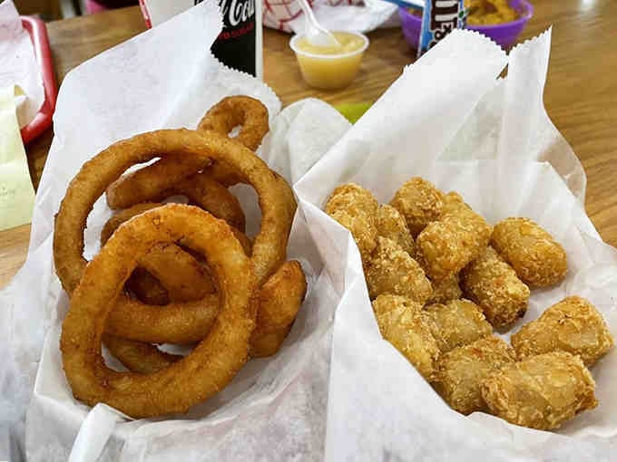 Onion rings and tater tots sitting together like the dynamic duo your taste buds have been waiting for all along.