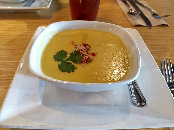 Golden pumpkin soup arrives smooth as silk, the kind of comfort food that makes you forget you're technically eating vegetables.