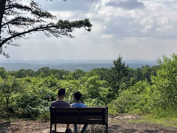 Two friends sharing a bench and a view that stretches forever, this is what life's really about.