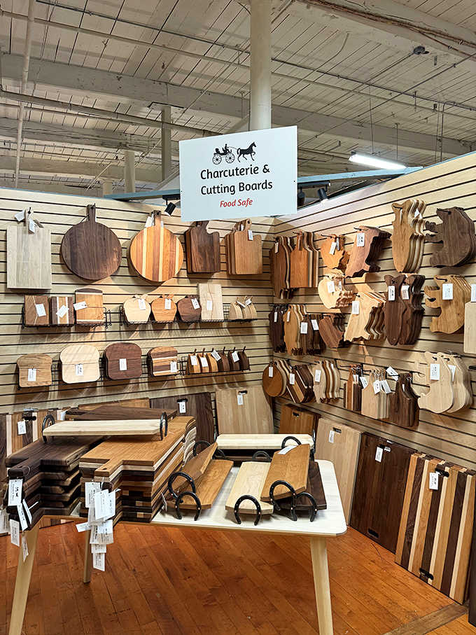 Handcrafted cutting boards in every shape imaginable line the walls, ready to elevate your charcuterie game significantly.