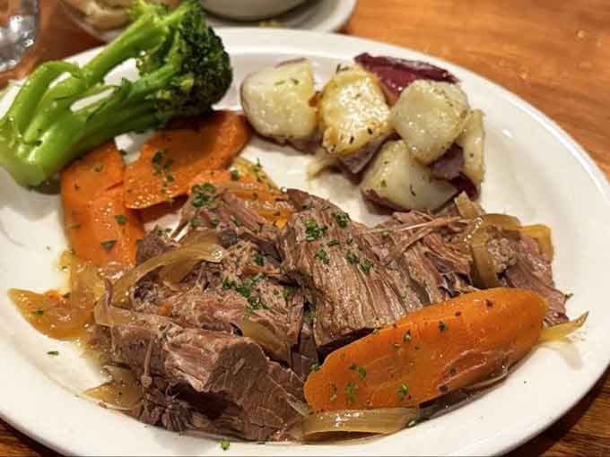 Pot roast so tender it practically falls apart if you look at it wrong, in the best possible way.