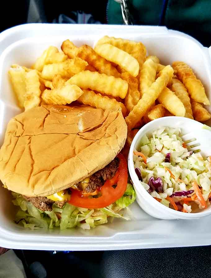The holy trinity of burger joints: juicy patty, golden fries, and tangy coleslaw all playing nicely together.