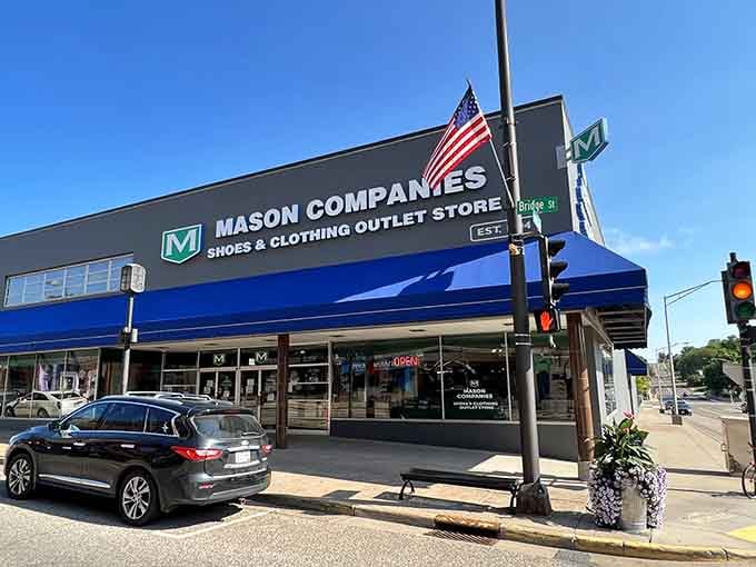 Mason Shoe Company's storefront stands as proof that American manufacturing still has a heartbeat in small-town Wisconsin's downtown district.