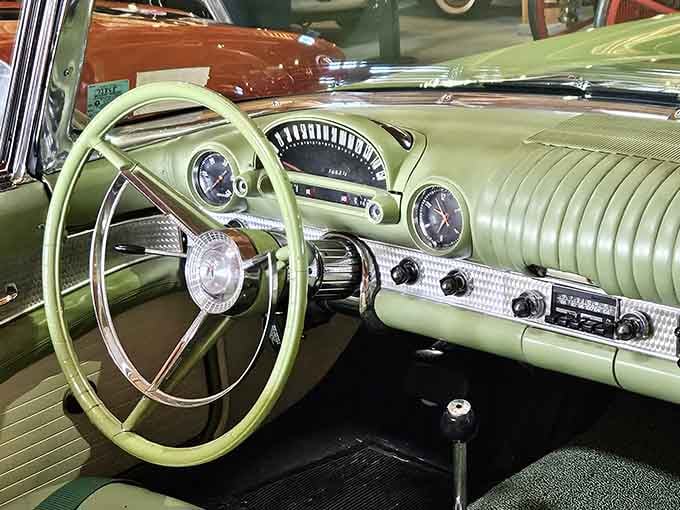 Dashboard details like this mint-green steering wheel remind us when cars had personality, not just cup holders.