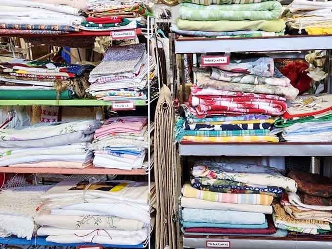 Grandma's linens never looked so good, stacked in cheerful colors that remind you when people actually ironed their tablecloths.