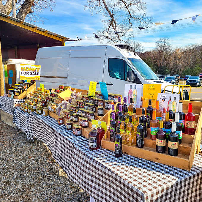 Local honey and homemade beverages line up like liquid gold, offering sweet rewards for your shopping efforts.
