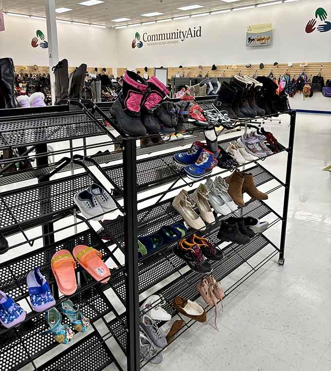 The shoe section where yesterday's impulse buys become today's incredible deals, organized and ready for new adventures.