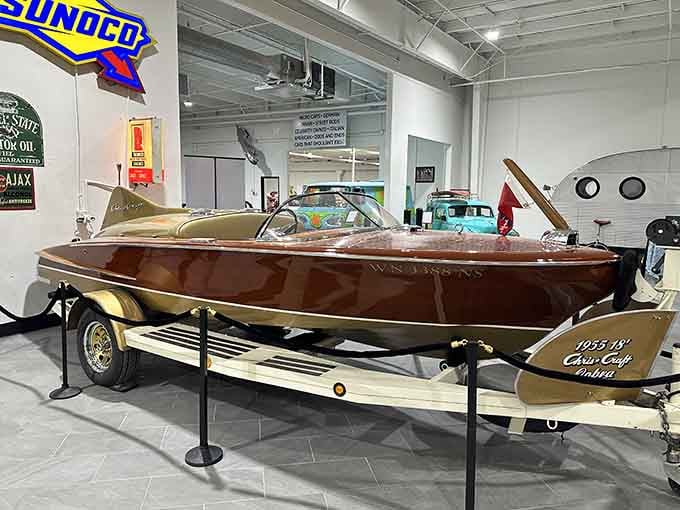 This gleaming wooden speedboat belongs on a lake with Gatsby himself at the helm.