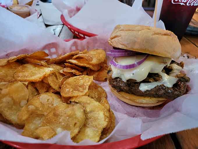 Juicy burger with melted cheese and crispy chips proves simple done well beats fancy every single time.